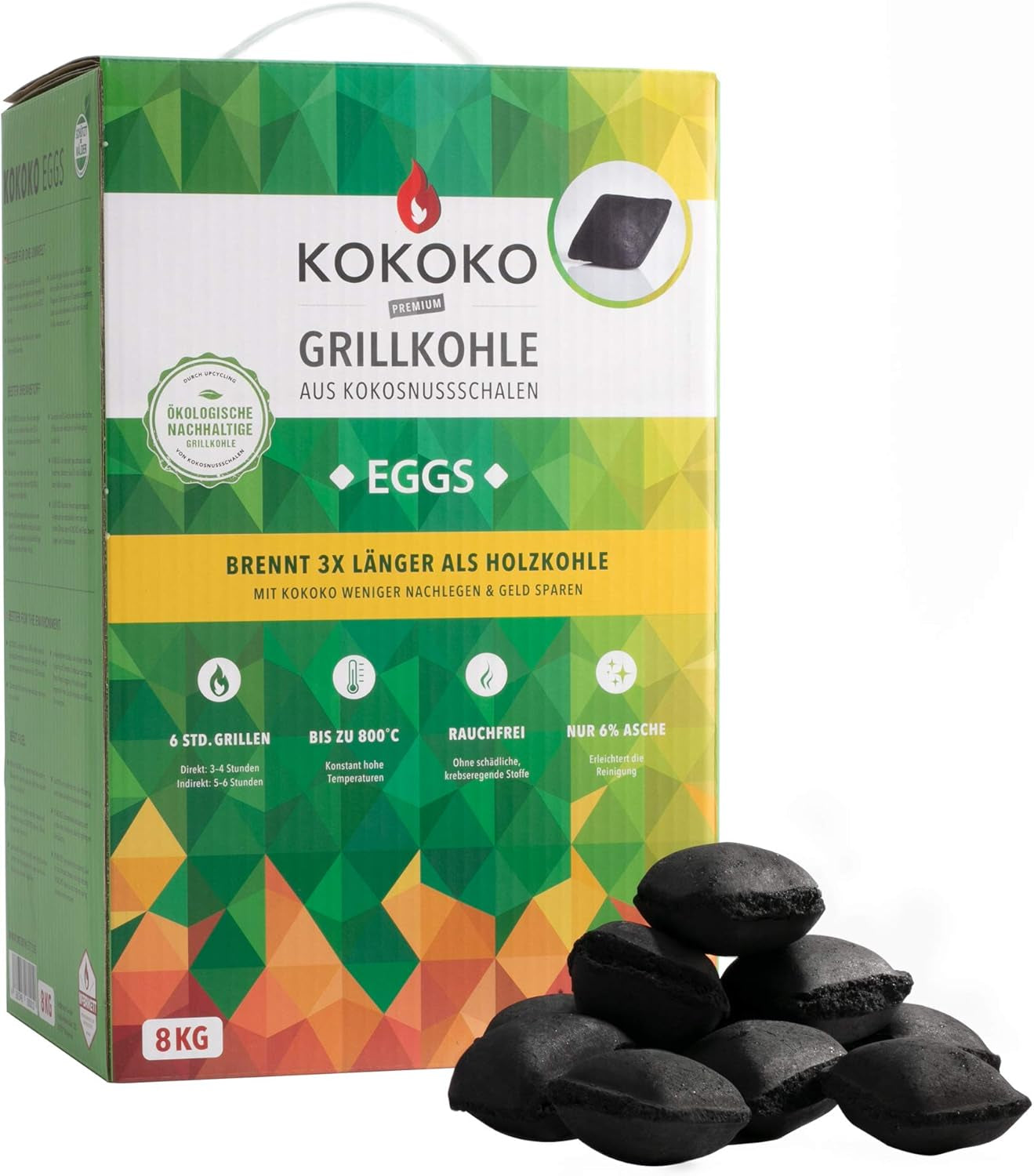 KOKOKO EGGS 8 kg – Premium Kokosbriketts mit extra langer Brenndauer ...